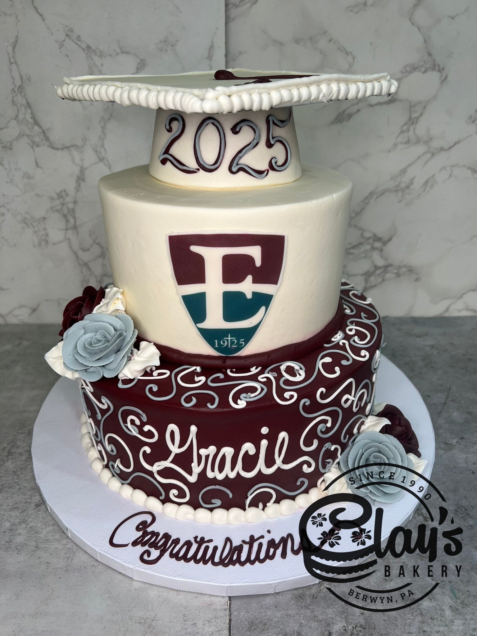 Grad Cap and School Logo with Scrolling - Two Tier – Clay's Bakery
