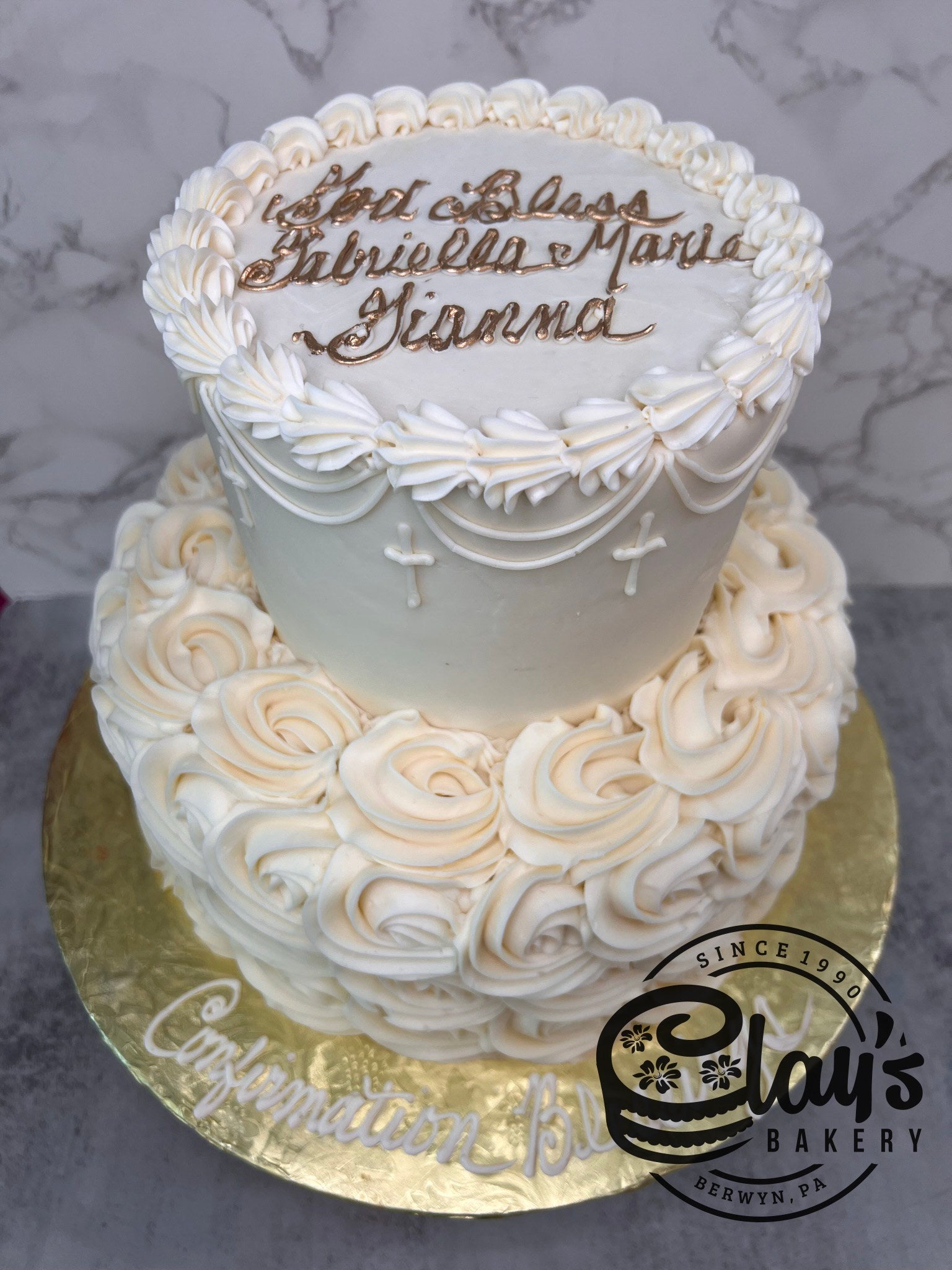 White Rosettes with Crosses and Gold Writing - Two Tier – Clay's Bakery