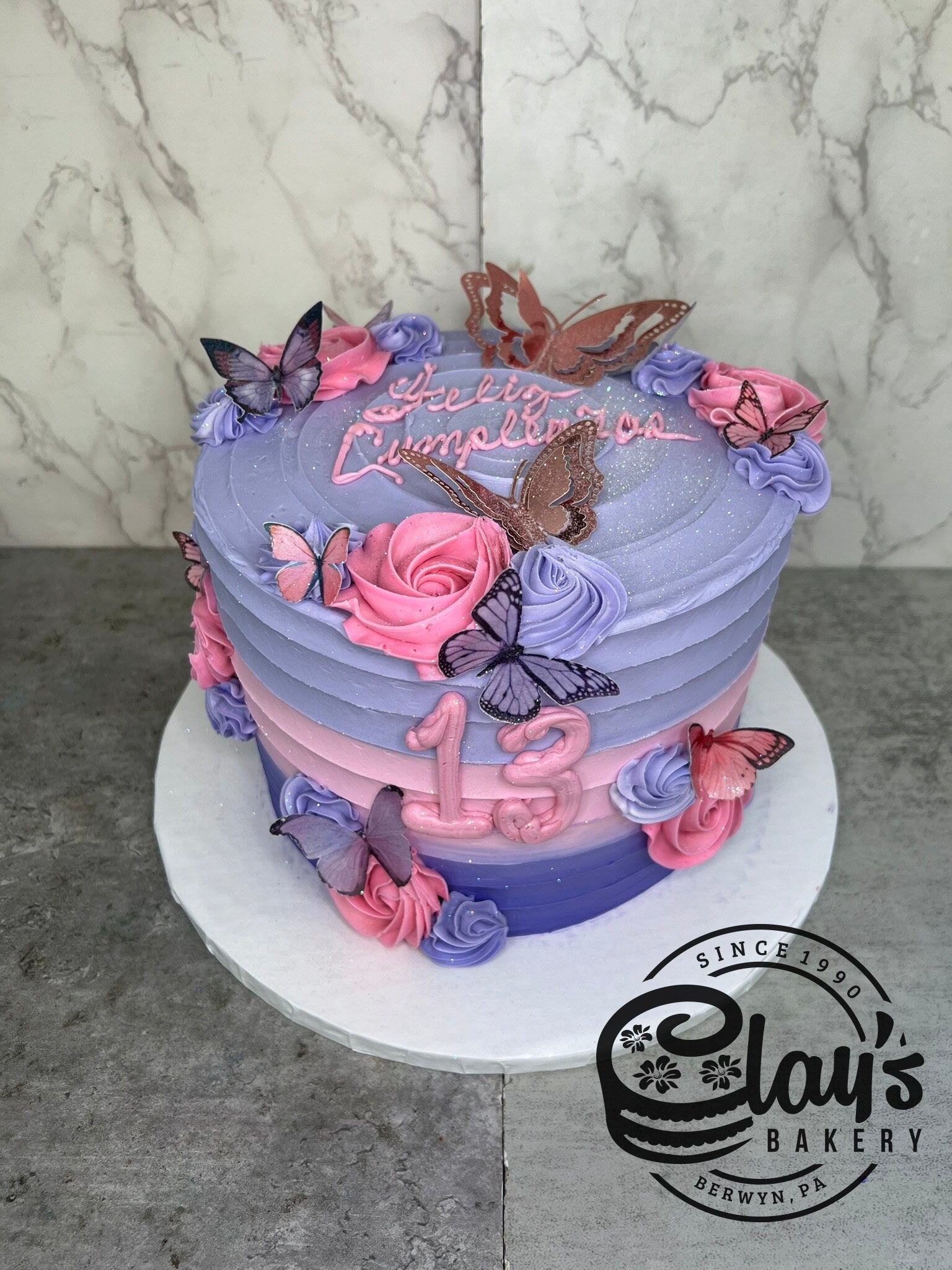 Pink and Lavender Gradient with Butterflies - Three Layer Cake – Clay's ...