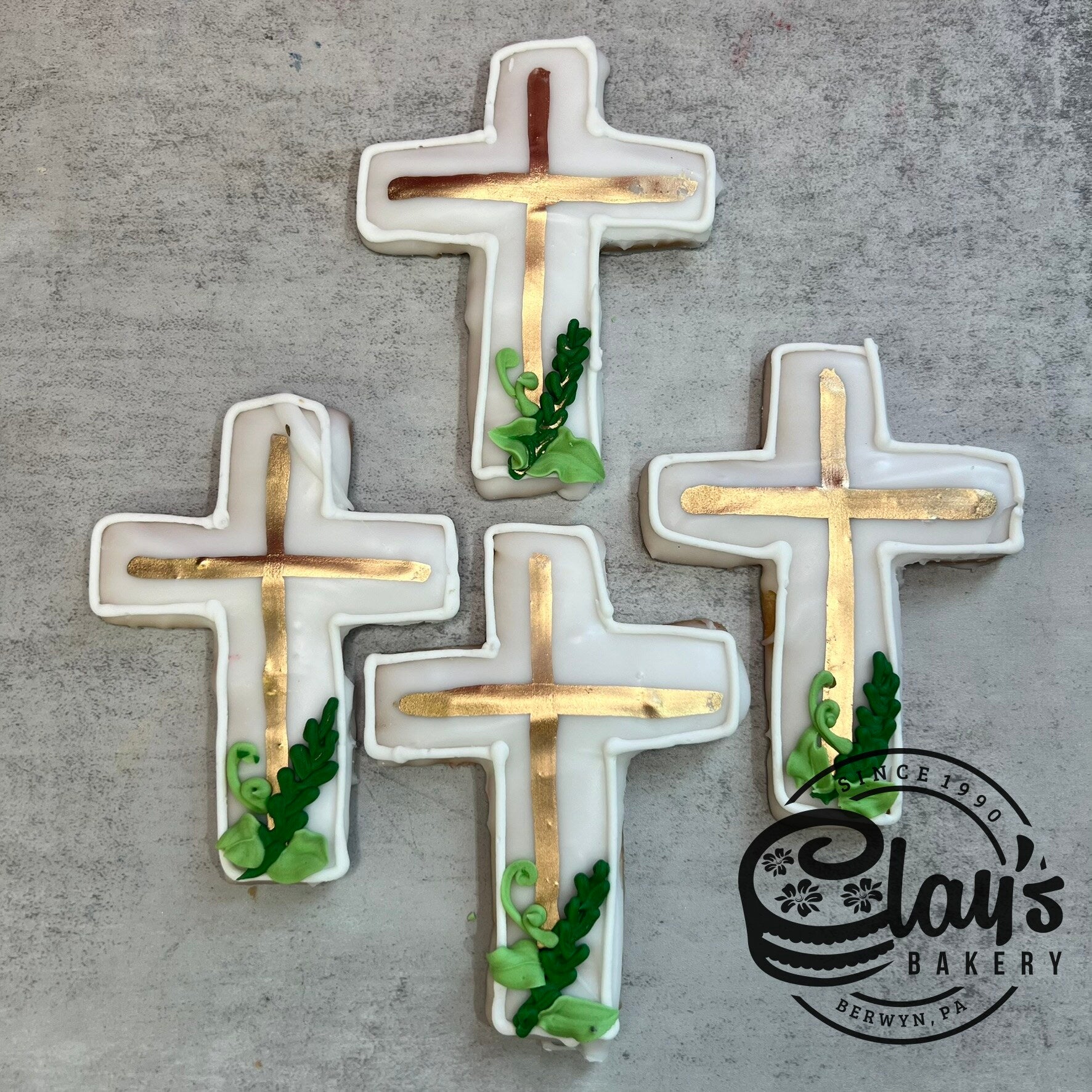 Metallic Cross and Greenery Cookies – Clay's Bakery