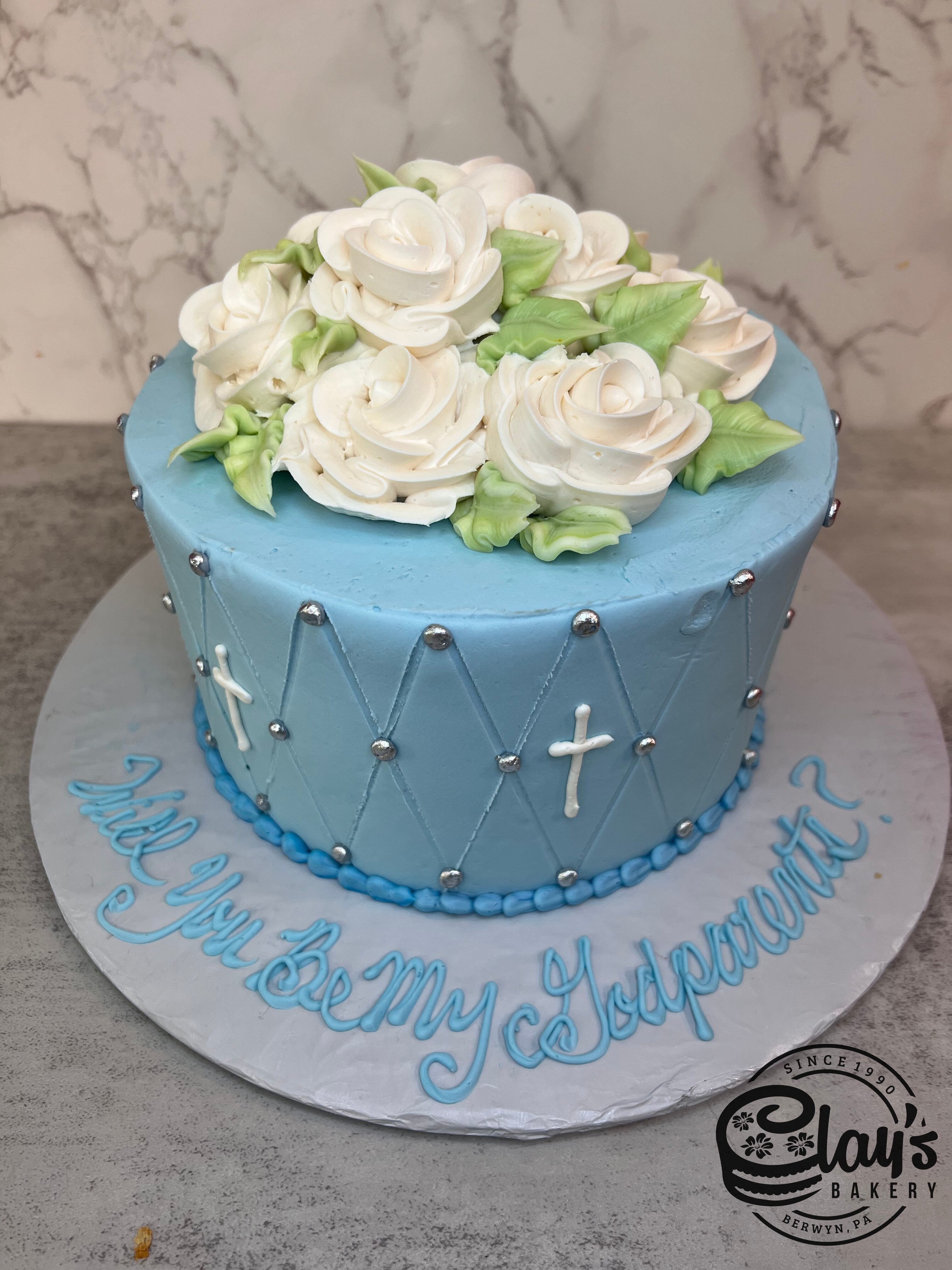 White Roses with Quilted Sides and Crosses – Clay's Bakery