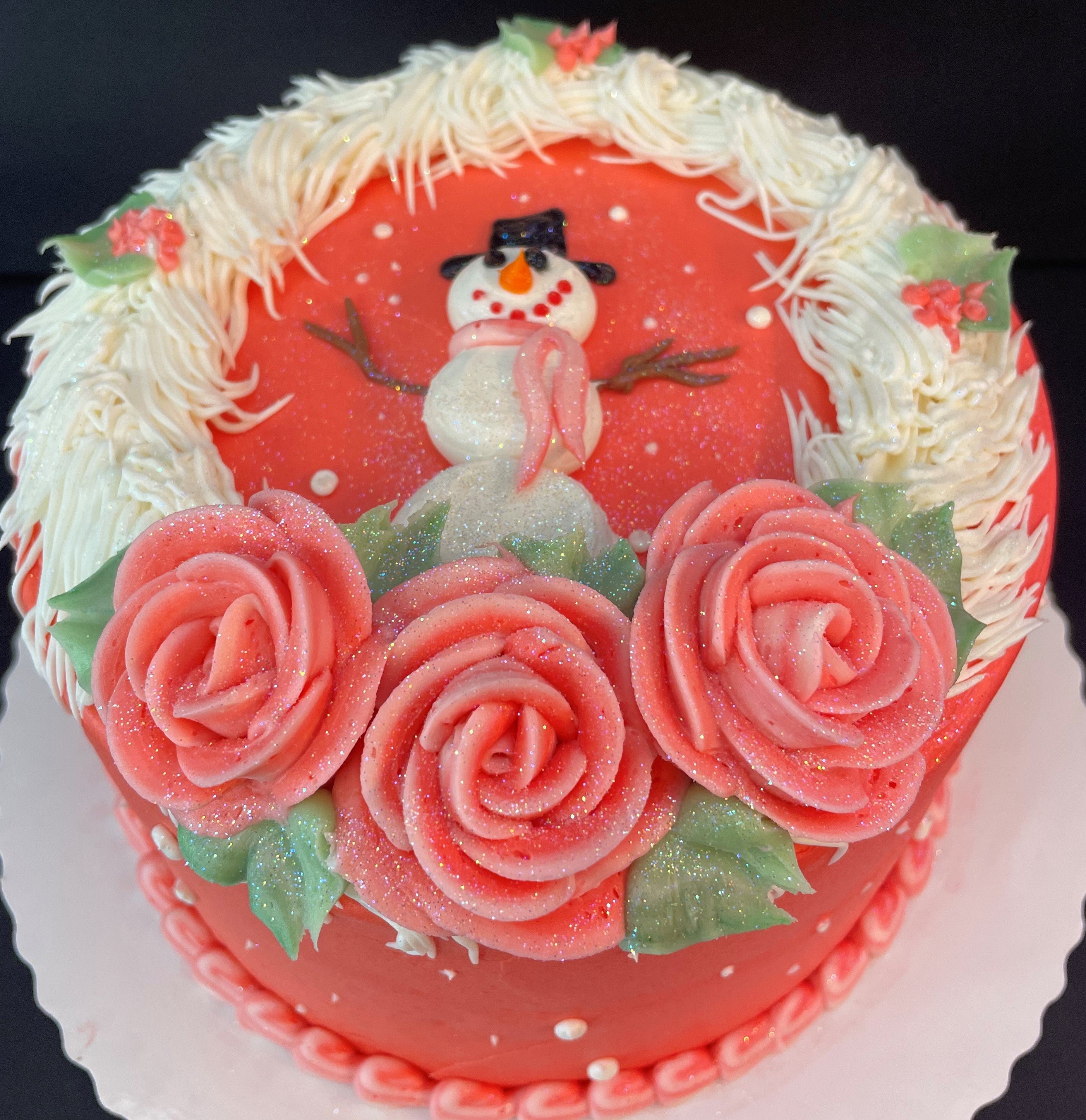 Snowman with Salmon Roses and Wreath – Clay's Bakery